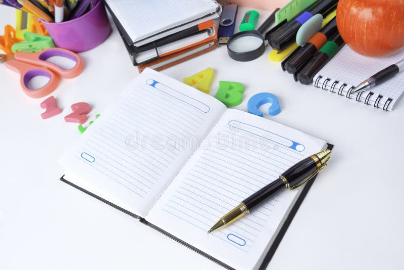 Close Up. Open Notepad and Pen on White Background Stock Image - Image ...