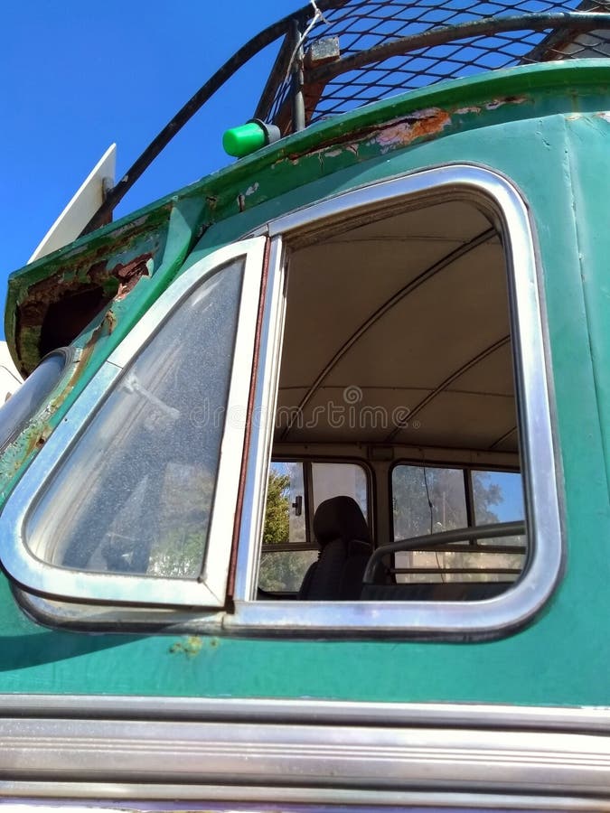 Close Up of the Open Side Window of an Old Green Rusty Vintage Bus ...