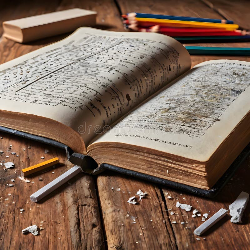 Close-Up of Open Textbook on Wooden Desk with Learning Materials Stock ...