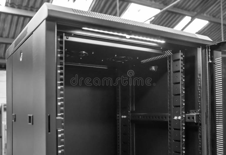 Close-up of an Opened Computer Server Cabinet Seen within an Industrial ...