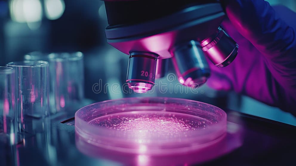 Close Up of Optical Microscope Lens Examining Petri Dish with Samples ...