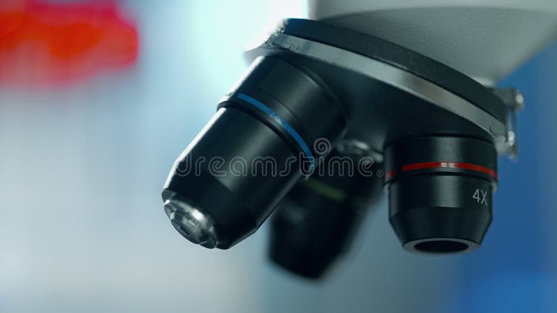 Close Up of a Optical Scientific Microscope in Laboratory. Science ...