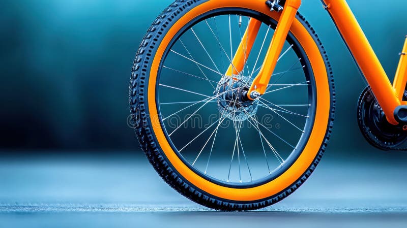 Close-Up of Orange Bicycle Front Wheel and Frame Against Blue ...