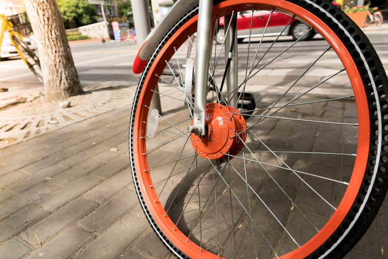 Close Up the Orange Bicycle Wheel and Tire Stock Photo - Image of ...