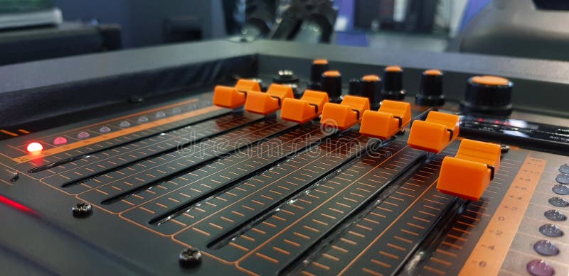 Close Up Orange Button of Sound Mixer Panel Equipment for Mixing or ...