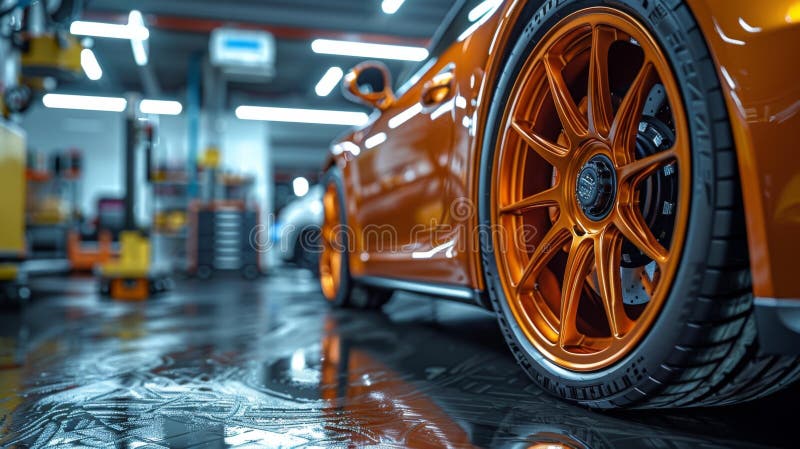 Close-up of an Orange Car Wheel in a Modern Workshop - Generative AI ...