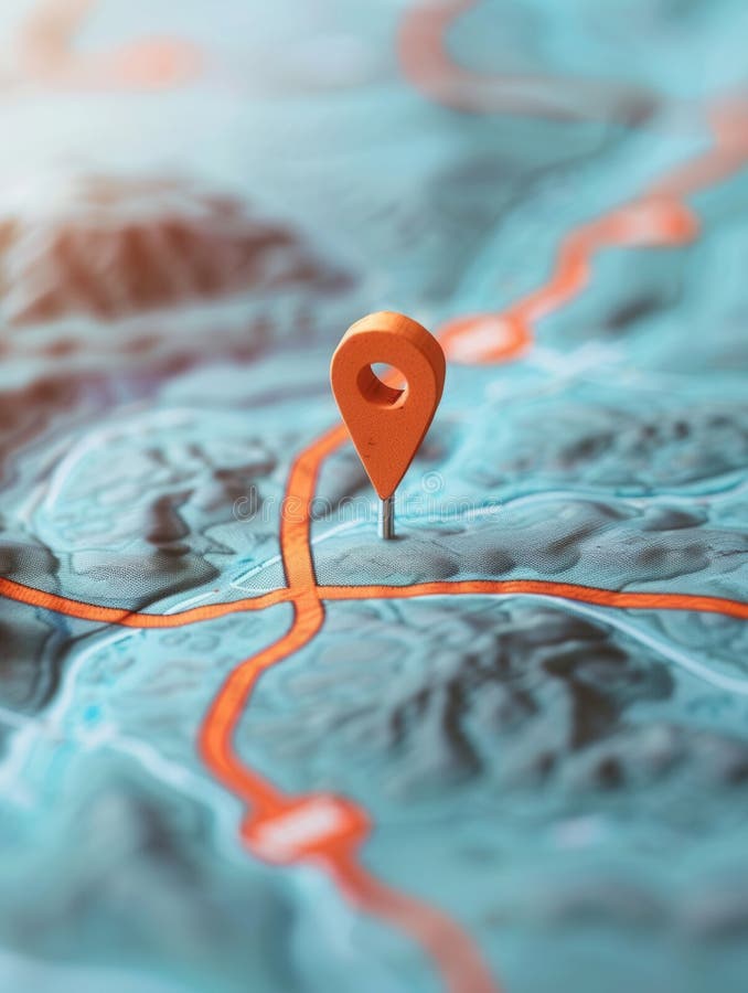 A Close-up of an Orange Location Pin Placed on a Modern Map with Roads ...