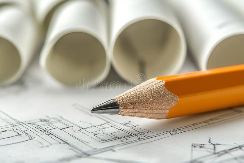 Close-up of an Orange Pencil on Architectural Blueprints with Rolled ...