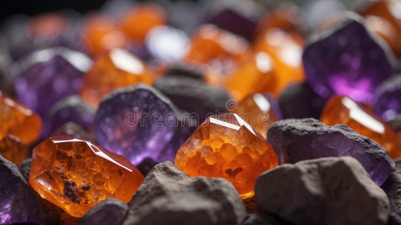 Close Up of Orange and Purple Geodes Inside Crystal Rock. Stock Photo ...