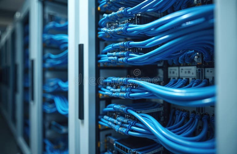 Close-up of Organized Blue Ethernet Cables, Connectors in Data Center. Modern Network Setup with ...