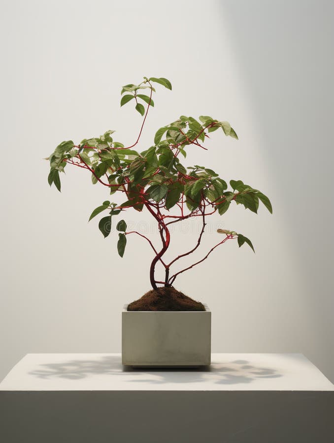 A Close-up of an Ornamental Tree, Potted in a Square Planter, Placed on ...