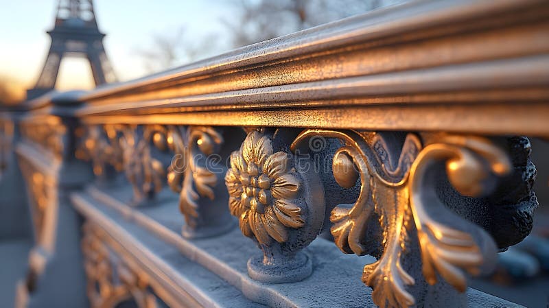 Close-up of Ornate Railing with Golden Accents and Eiffel Tower in the ...