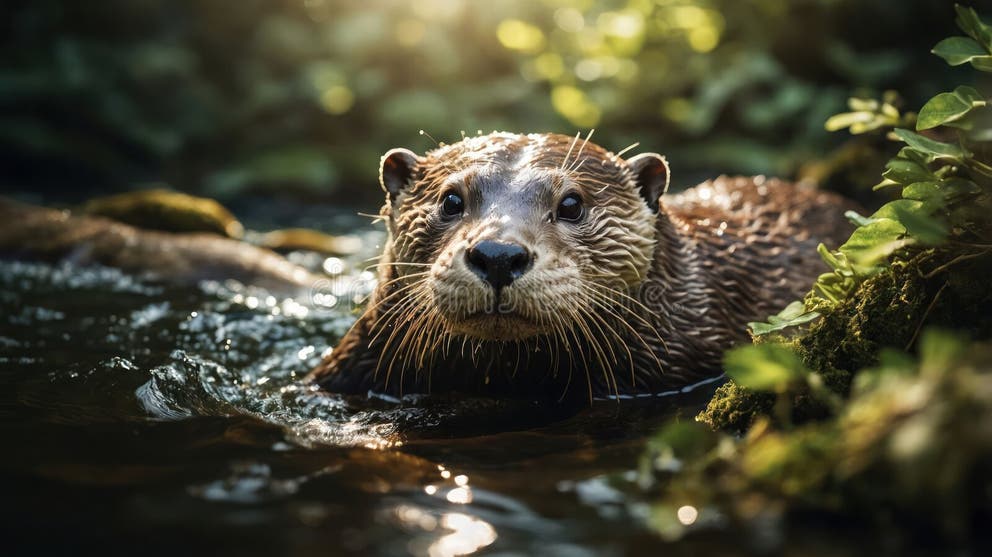 Charming Otter in Sunlit Stream, Wildlife Photography Stock ...