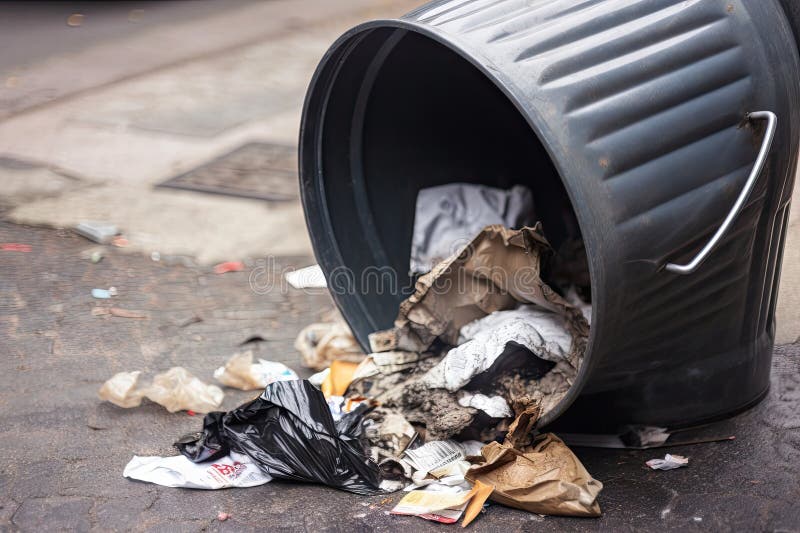 Close-up of Overflowing Trash Bin, with Garbage Spilling Out Onto the ... Close-up of Overflowing Trash Bin, with Garbage Spilling Out Onto the ...
