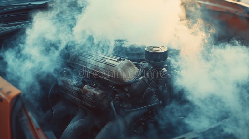 Close Up of Overheating Car Engine with Smoke Emitting, Indicating ...
