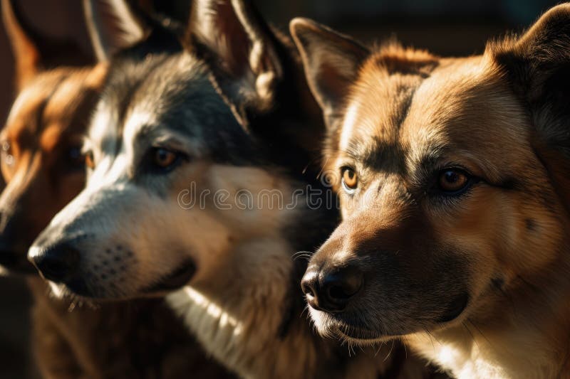 A Pack of Dogs Sitting in a Circle, Looking at One Another Stock ...