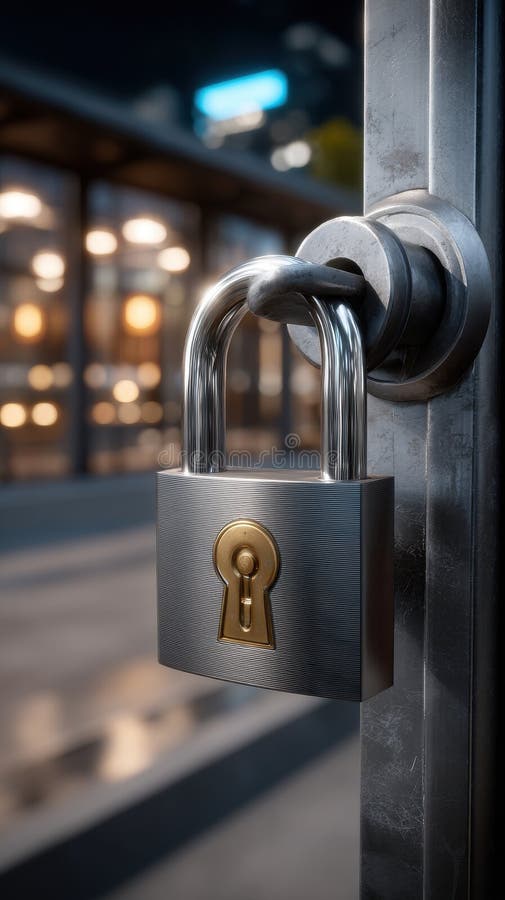 Close-up Padlock Securing Metal Post in Urban Setting Security Concept ...