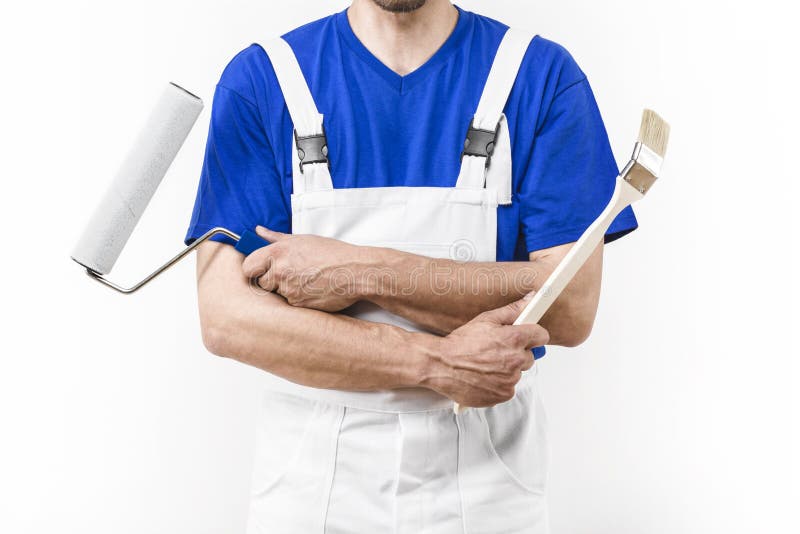 Close Up of Painter Man with Paint Roller and Brush Stock Image - Image ...