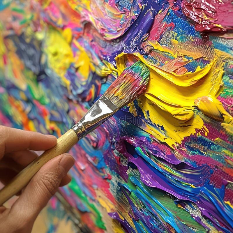 Close-up of a Painter S Hand Holding a Brush with Colorful Paint ...
