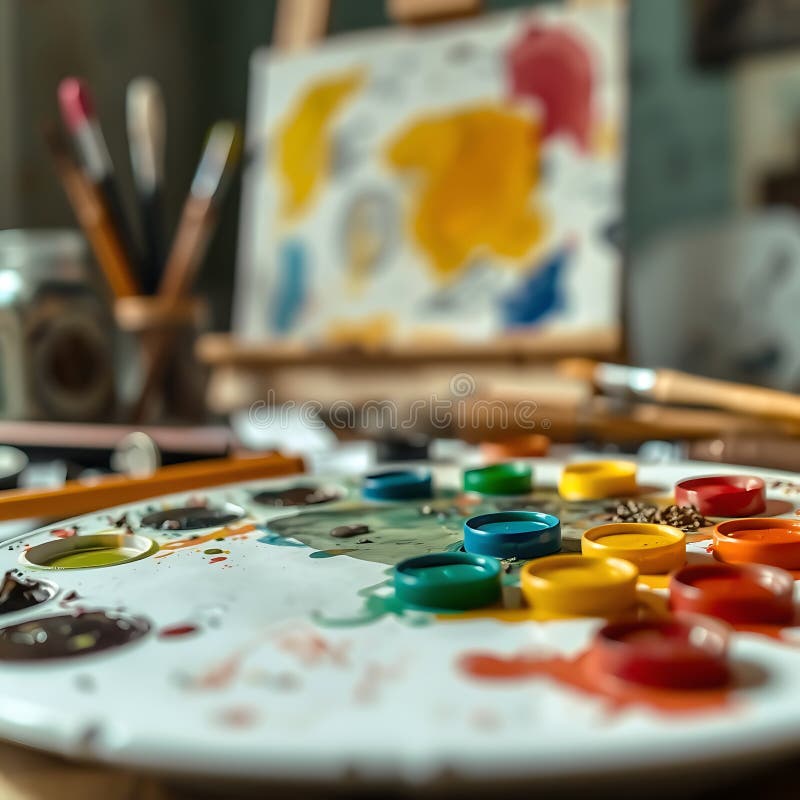 Close Up of a Painters Palette with Mixing Paints Surrounded by ...