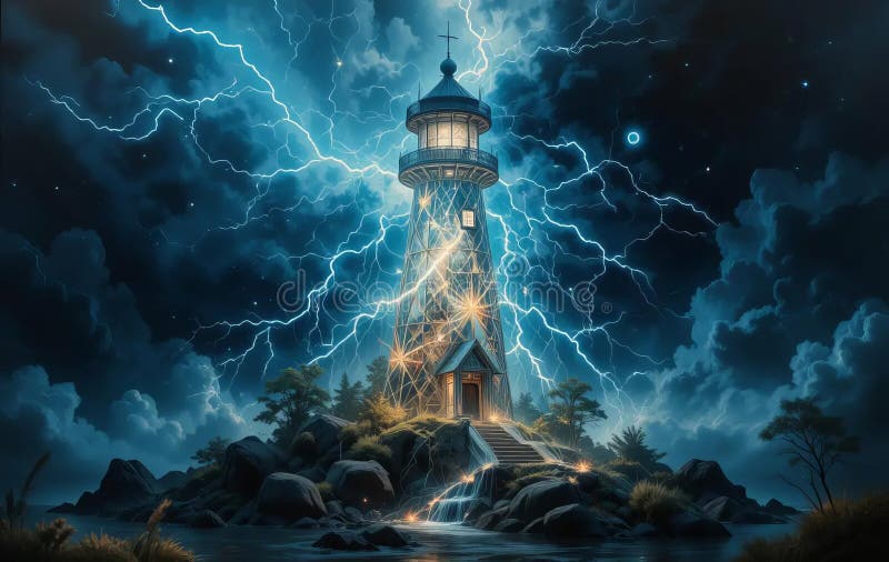 A Close-up of a Painting with a Lighthouse and Lightning in a Dark ...