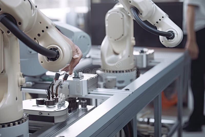 Close-up of Pair of Cobots Working Side by Side, Performing Repetitive ...
