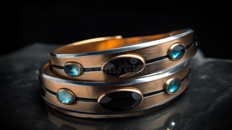 A Close Up of a Pair of Rings on a Table with a Black Background and a ...