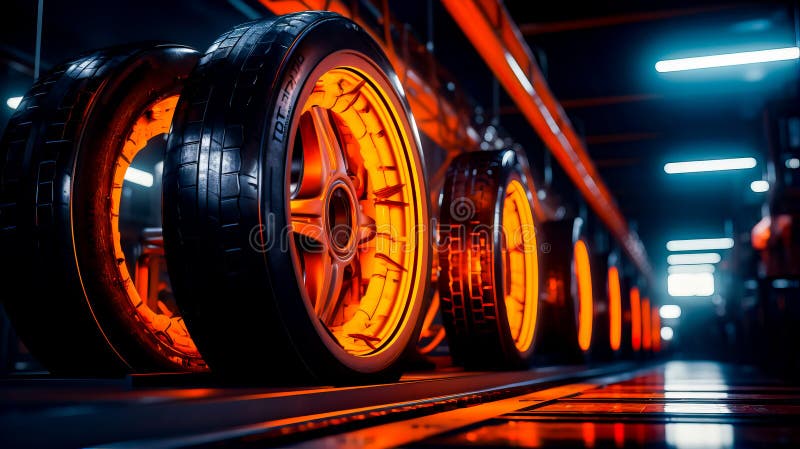 Close Up of Pair of Tires with Glowing Wheels in the Background ...
