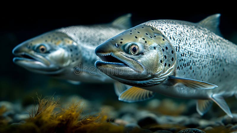 Close-up of Pair of Wild Salmon Fish Swimming in the River Stock ...