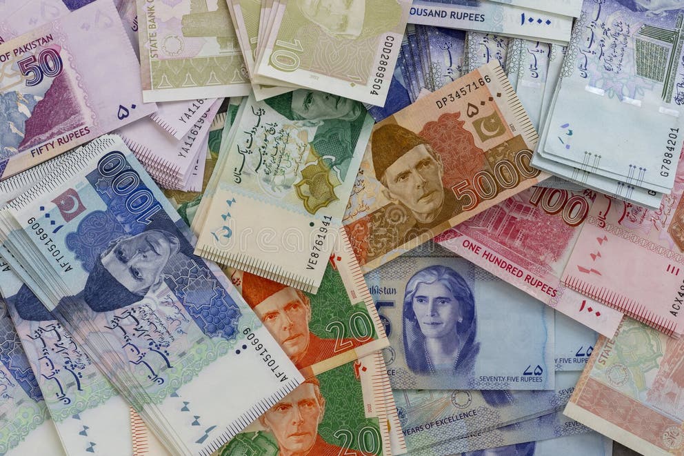 Close-Up of Pakistani Rupee Banknotes in Various Denominations Stock ...
