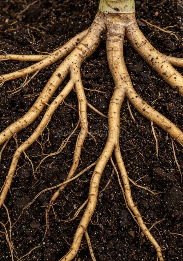 Close-Up of Pale Plant Roots in Dark Soil Stock Illustration ...