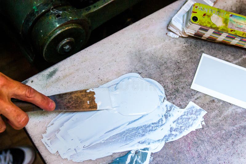 Preparing White Ink for Letterpress Printing Stock Photo - Image of ...