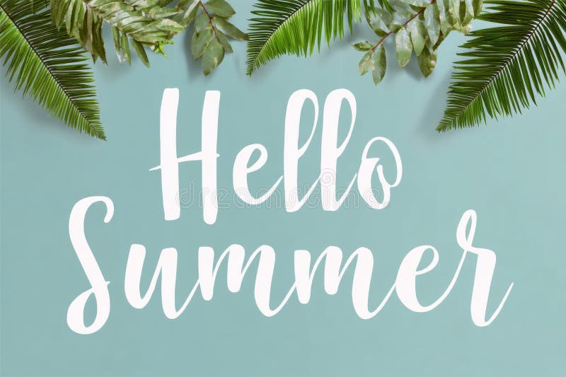 Close-up of a Palm Tree Branch Featuring the Phrase Hello Summer, Hello ...