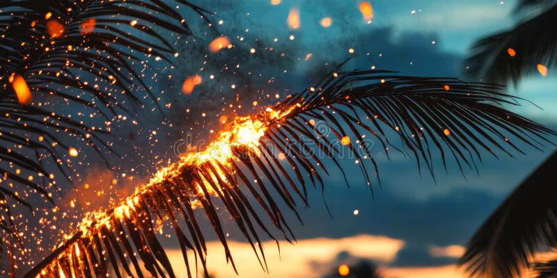 Close-up of a Palm Tree Frond on Fire. Generative AI. Stock ...
