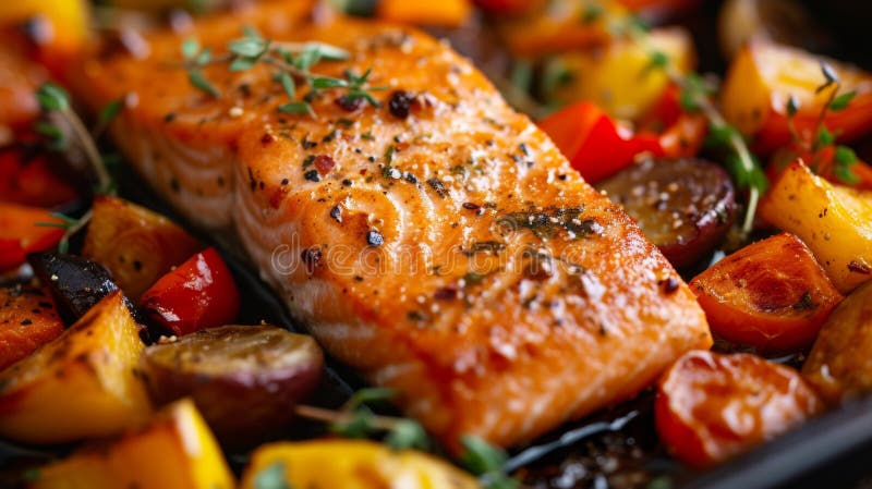 A Close Up of a Pan with Some Fish and Vegetables, AI Stock Image ...