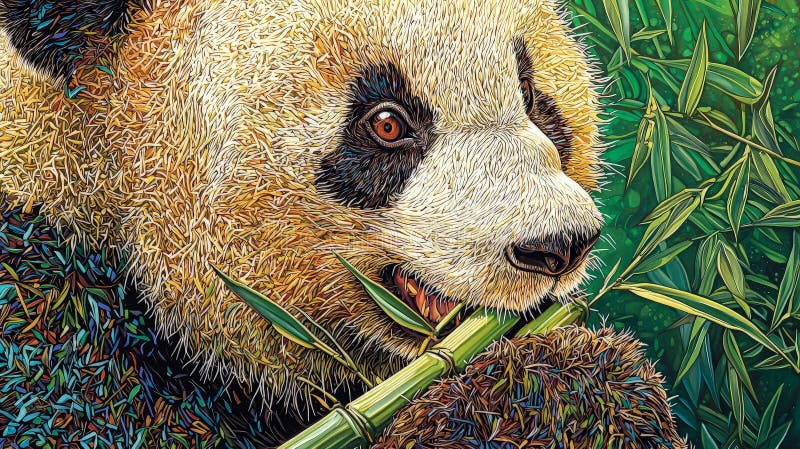 Close-up of Panda Eating Bamboo in Lush Forest. Potential Use Nature ...