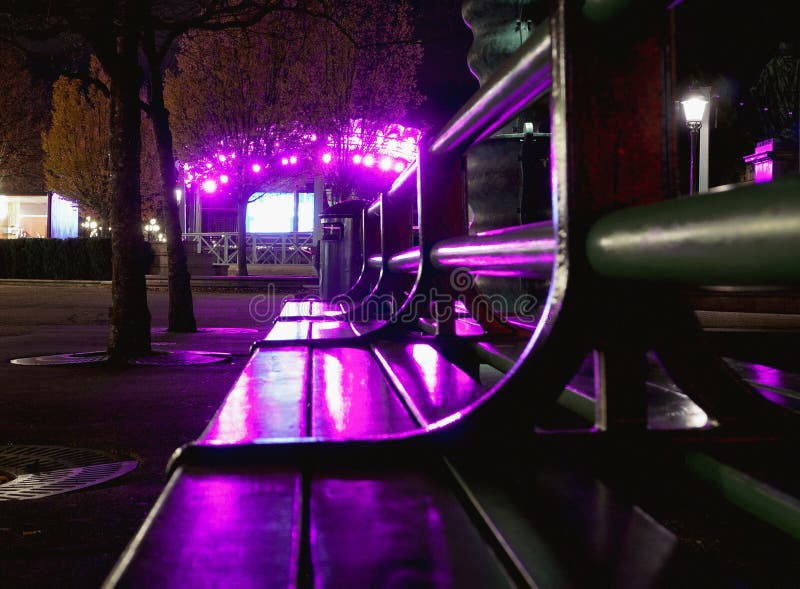 Close Up of a Park Bench during Night Stock Photo - Image of dark ...