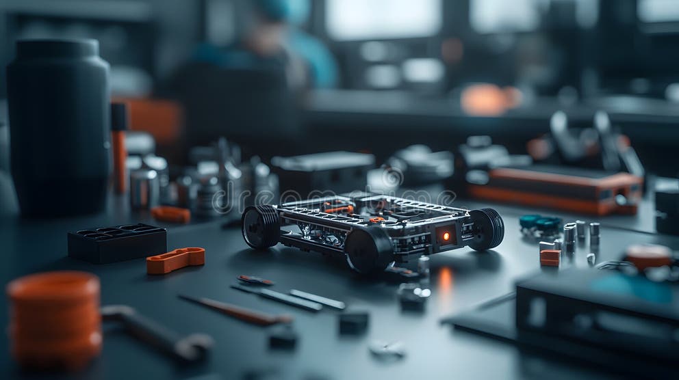 Close-Up of Partially Assembled Robot on Workbench Surrounded by Tools ...