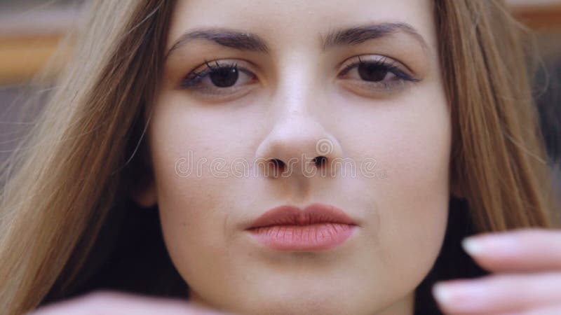 Close Up of Passionate Girl Seriously Looking on the Camera. Slowly ...