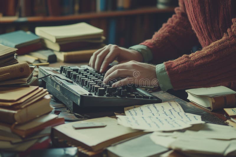 Close Up of a Passionate Writer Typing on an Old Typewriter in a ...