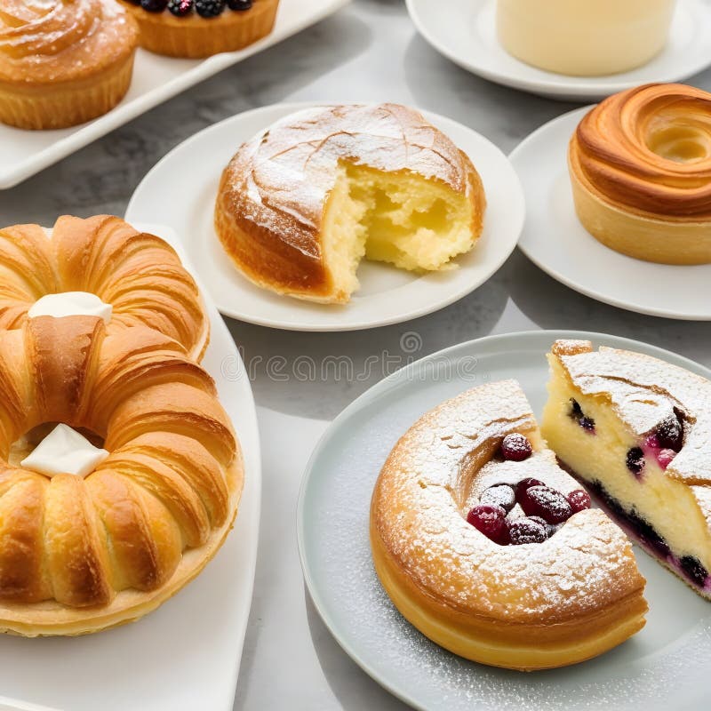 Close Up of Pastries on Plates on Counter Stock Illustration ...