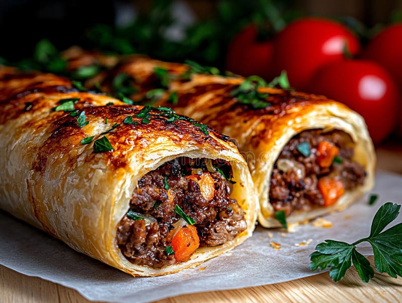 A Close Up of a Pastry Filled with Meat and Vegetables Stock Image ...