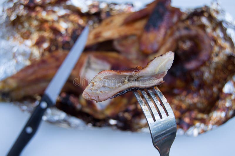 Close Up Pasture Raised Chicken Meat Cooked Stock Image - Image of fork ...