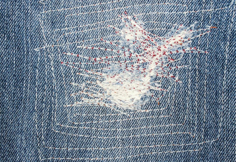 Patch by Whiteand Red Thread Sewing Patterns on Blue Denim Texture for ...
