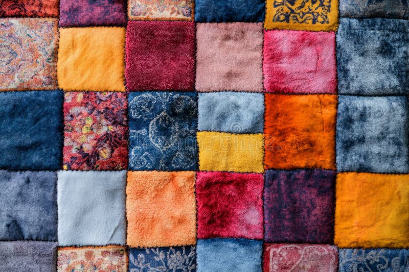 Close-up of a Patchwork Carpet Showcasing a Variety of Colors, Patterns, and Textures, Creating ...