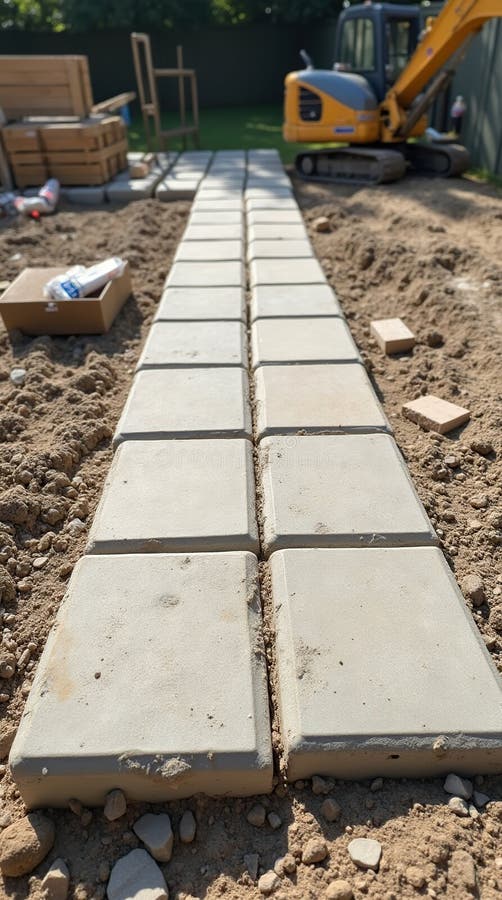 Close-Up of Patio Construction Using Square Concrete Pavers Outdoors ...