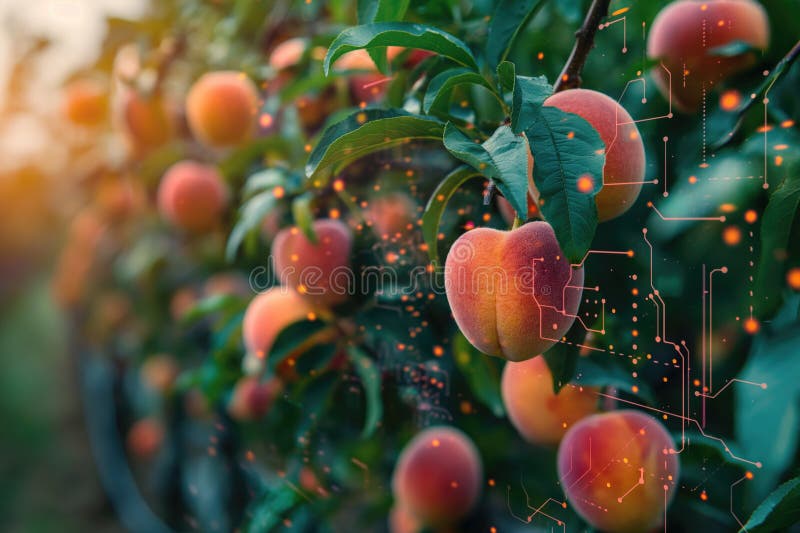 Close-up of Peaches on Tree with Digital Interface Overlay. Stock Photo ...