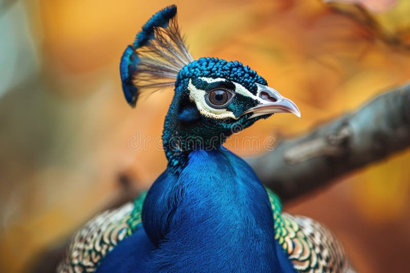 Close-up of a Peacock S Head Perched on a Tree Branch, Feathers Spread ...