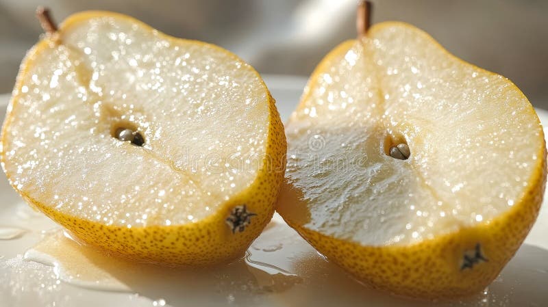 Close-up of a Pear Cut in Half with Black Seeds Stock Photo - Image of ...