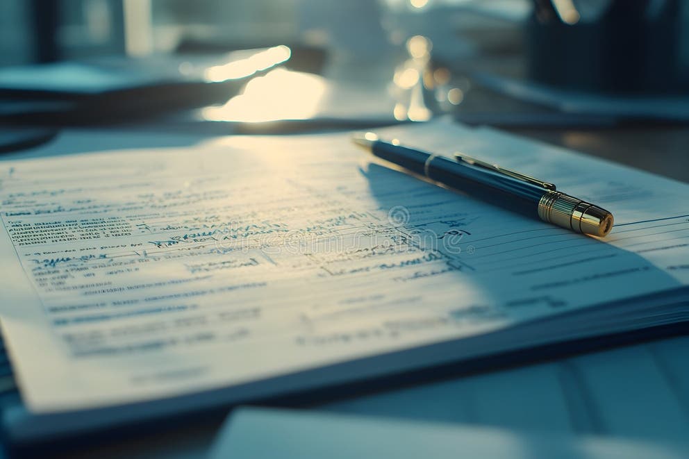 Close-up of Pen on Document with Handwritten Notes in Sunlit Workspace ...